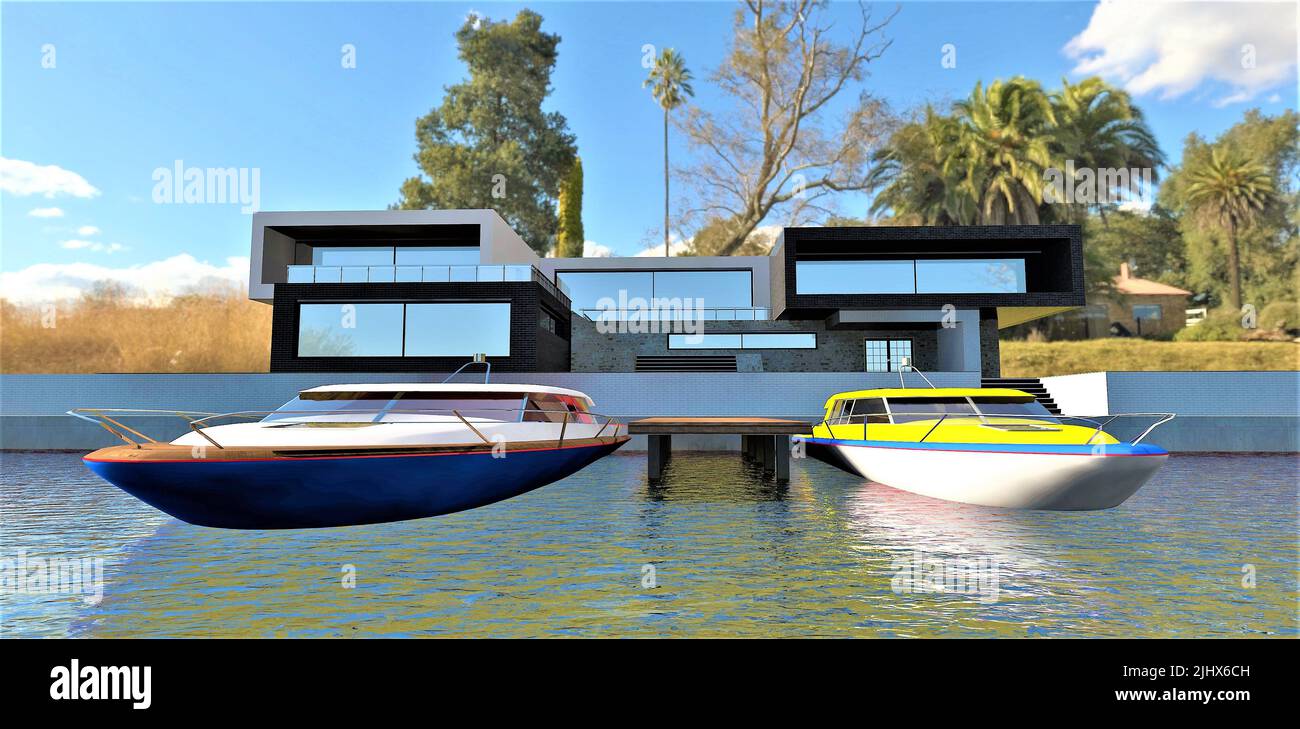 Luxury high-tech house on the beach. Two speed boats are moored at the ...