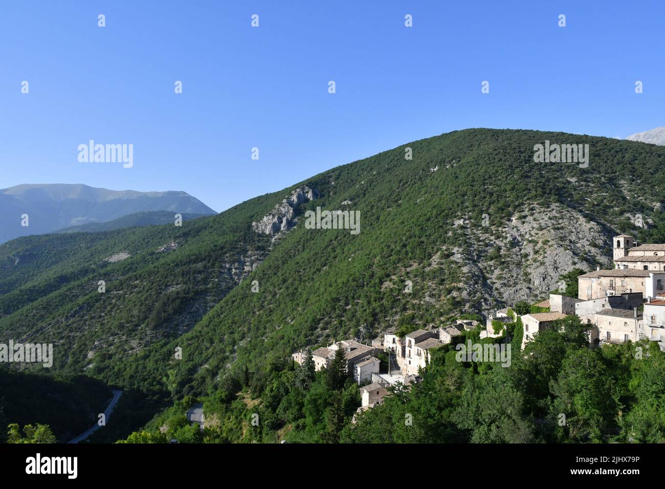 Panoramic view of Cansano, a medieval village in the Abruzzo region of ...