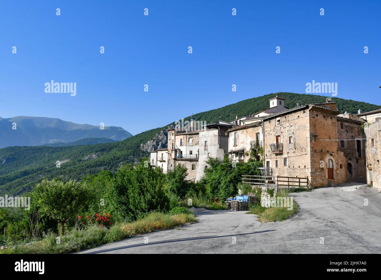 Panoramic view of Cansano, a medieval village in the Abruzzo region of ...
