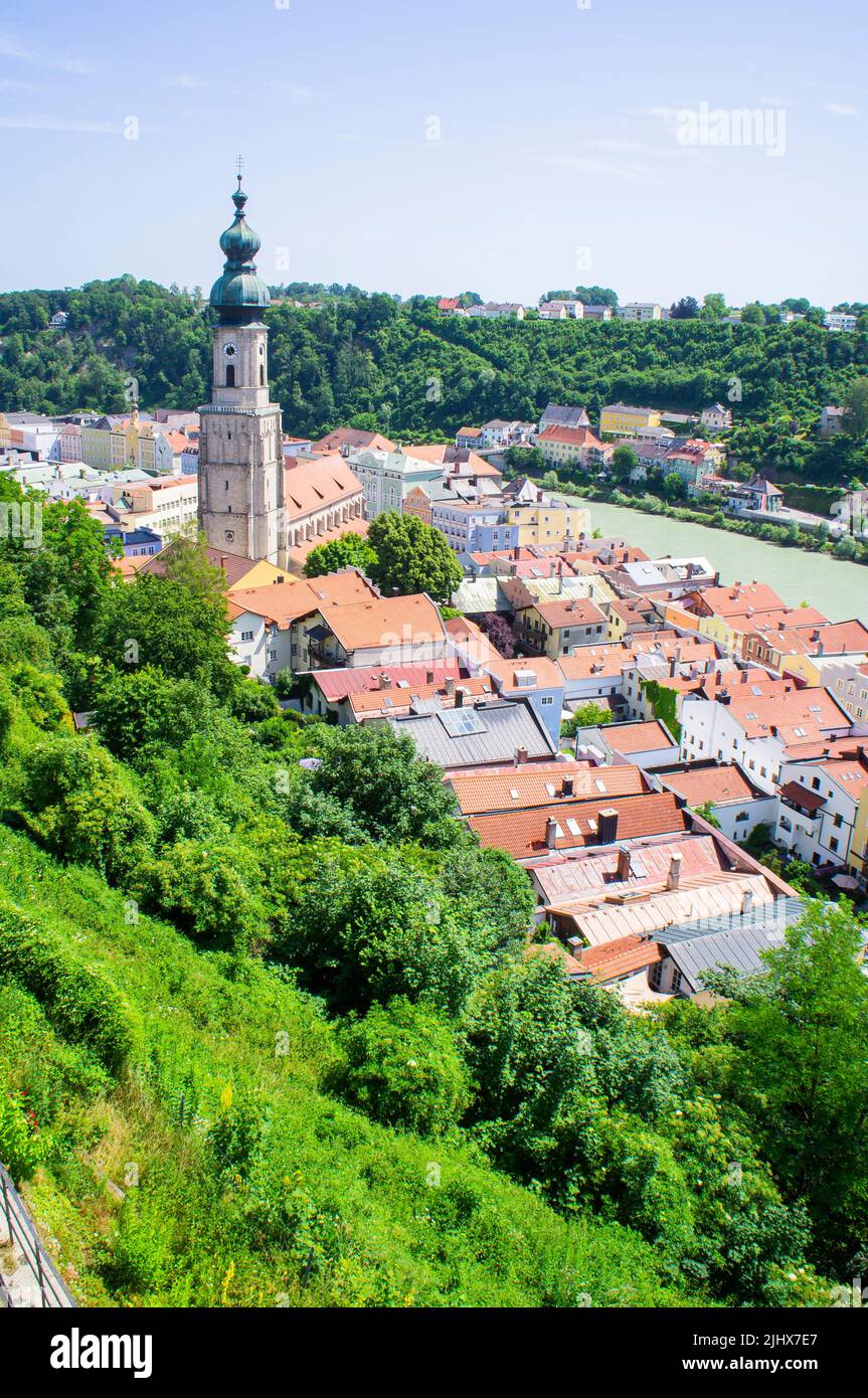 The Burghausen city and the Austrian side of the Salzach River as seen ...