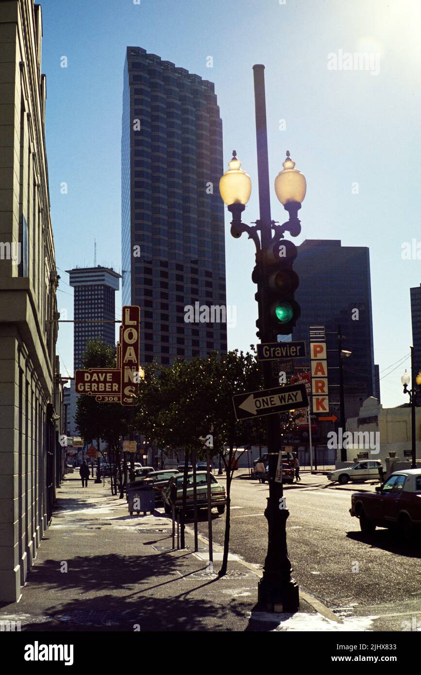 Gravier Street traffic lights in central business district, New Orleans ...