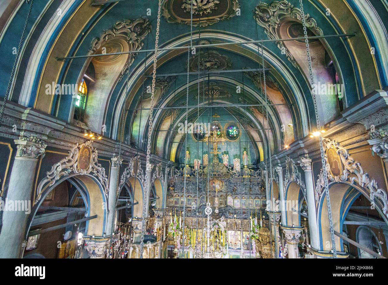 Interior view of Panagia Megalochari cathedral church (Virgin Mary) in Tinos island. It is the ...