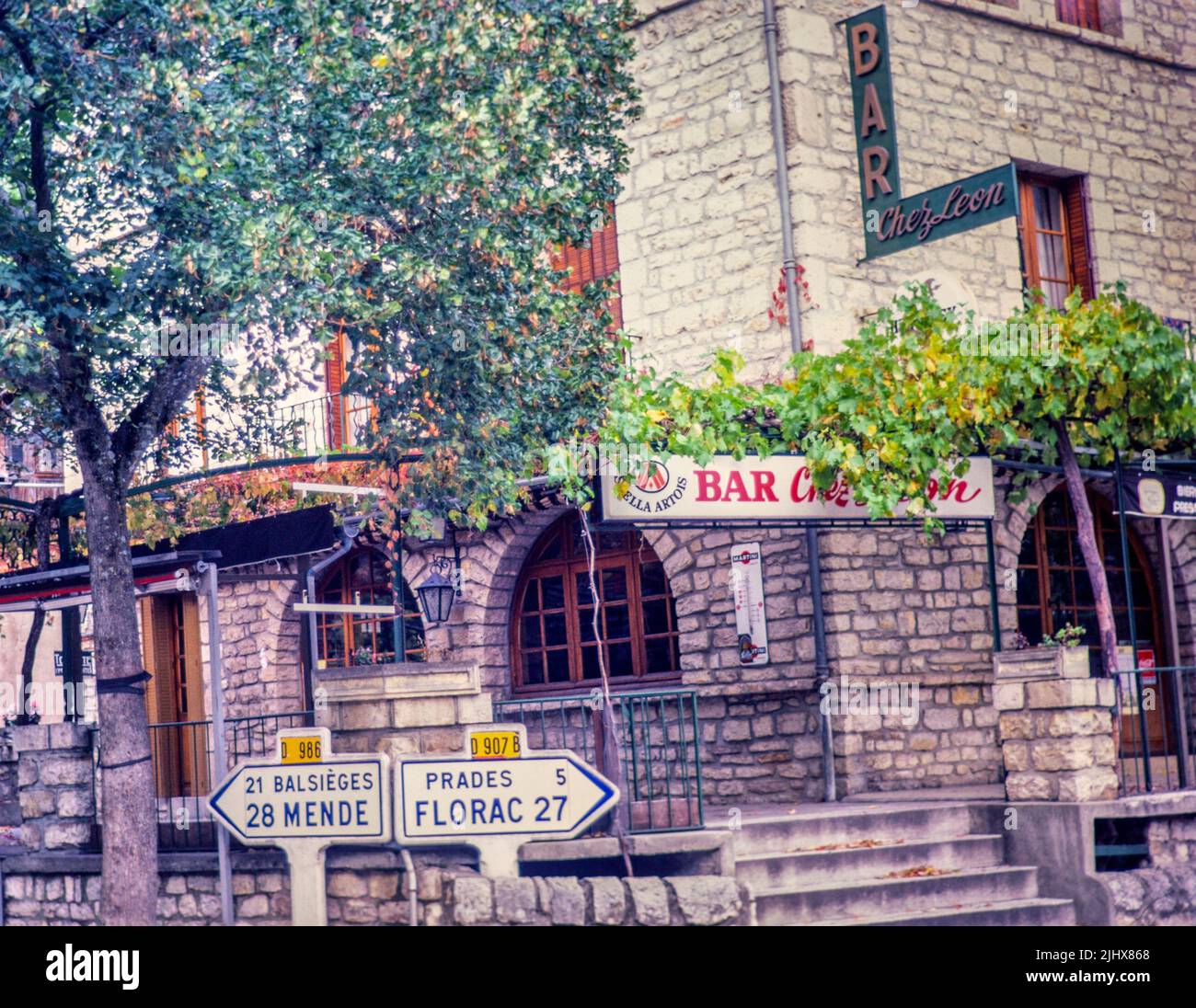 Bar and road sign Sainte-Enimie village, Gorges du Tarn, River ...