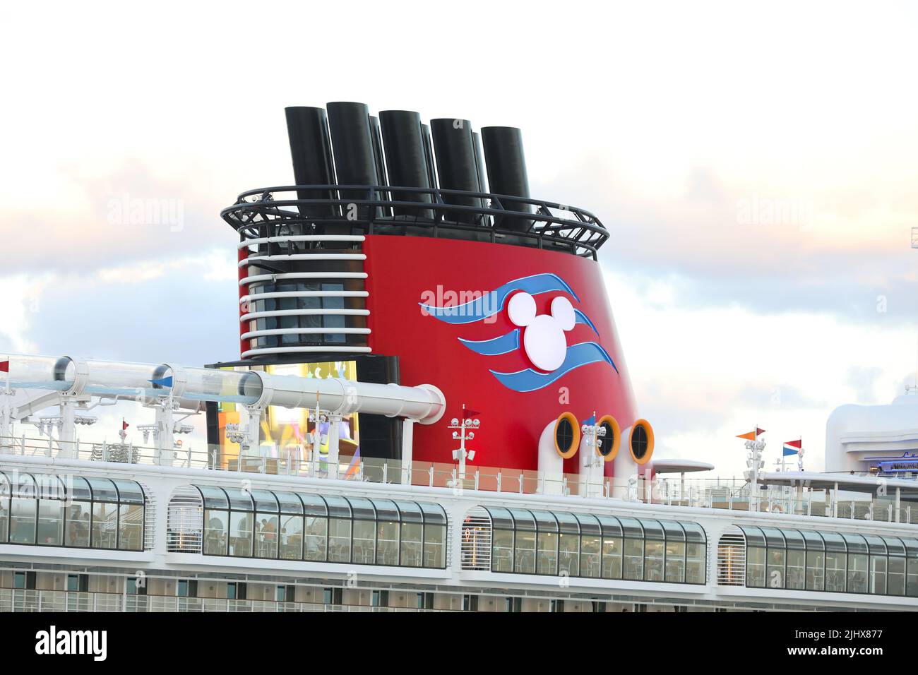 Funnel of Disney Dream cruise ship moored in port of Nassau, Bahamas ...