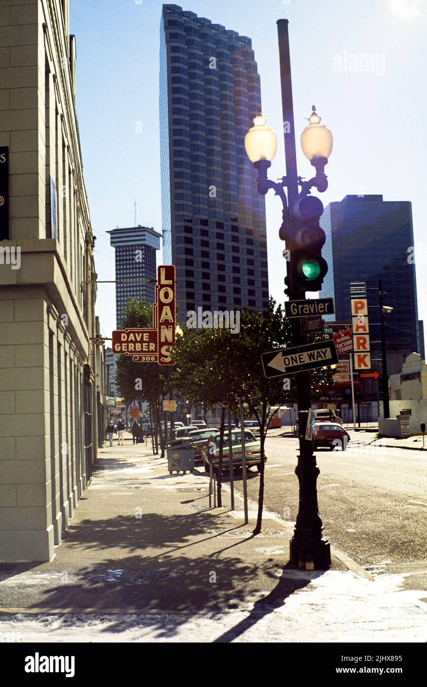 Gravier Street traffic lights in central business district, New Orleans ...