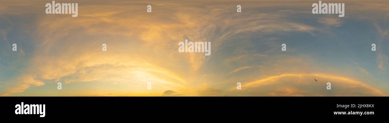 Golden glowing sunset sky panorama with Cirrus clouds. Hdr seamless ...