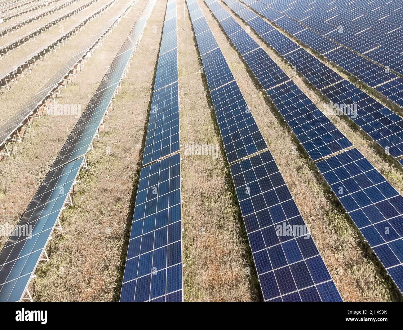 Aerial top view of a solar panels power plant. Photovoltaic solar ...