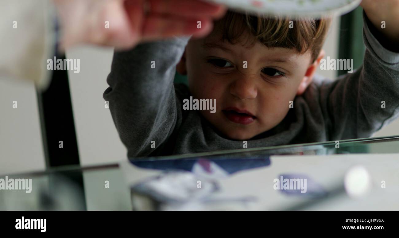 Mischievious toddler boy, disobedient child holding plate Stock Photo ...