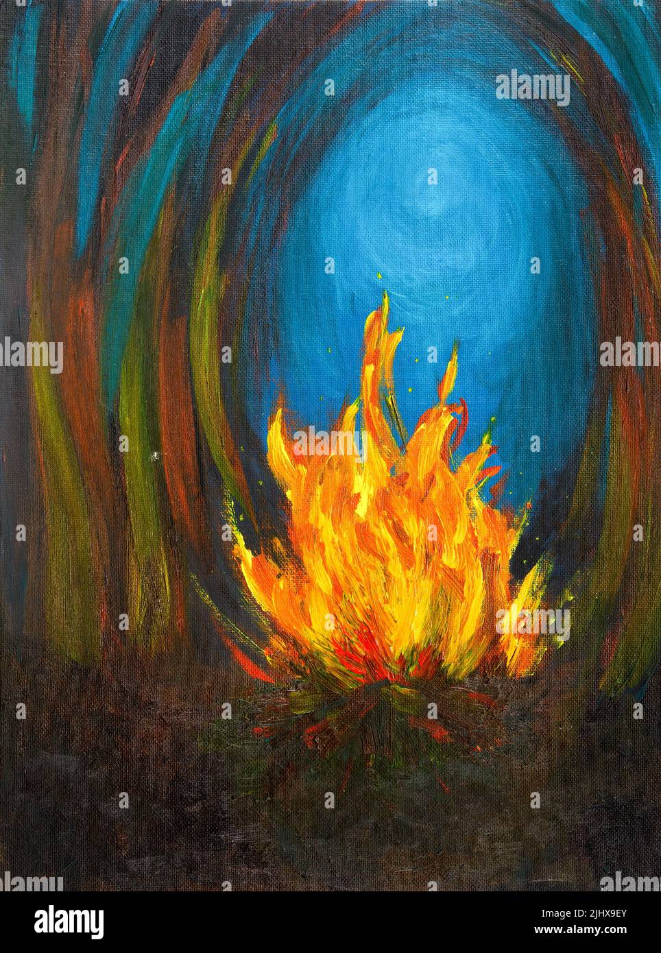 Original oil painting showing abstract fire in the night on canvas ...