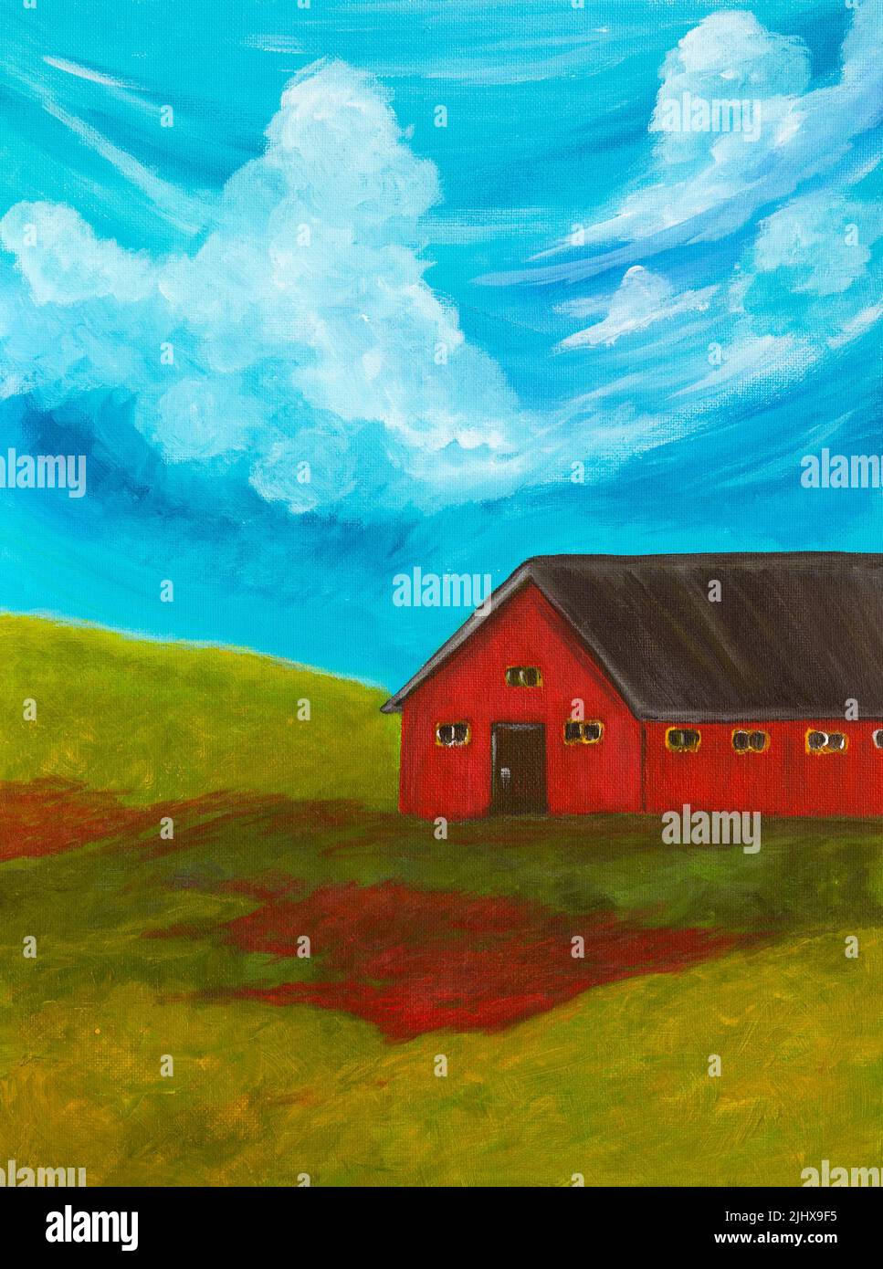 Original oil painting of beautiful countrylandscape.Red cottage on ...