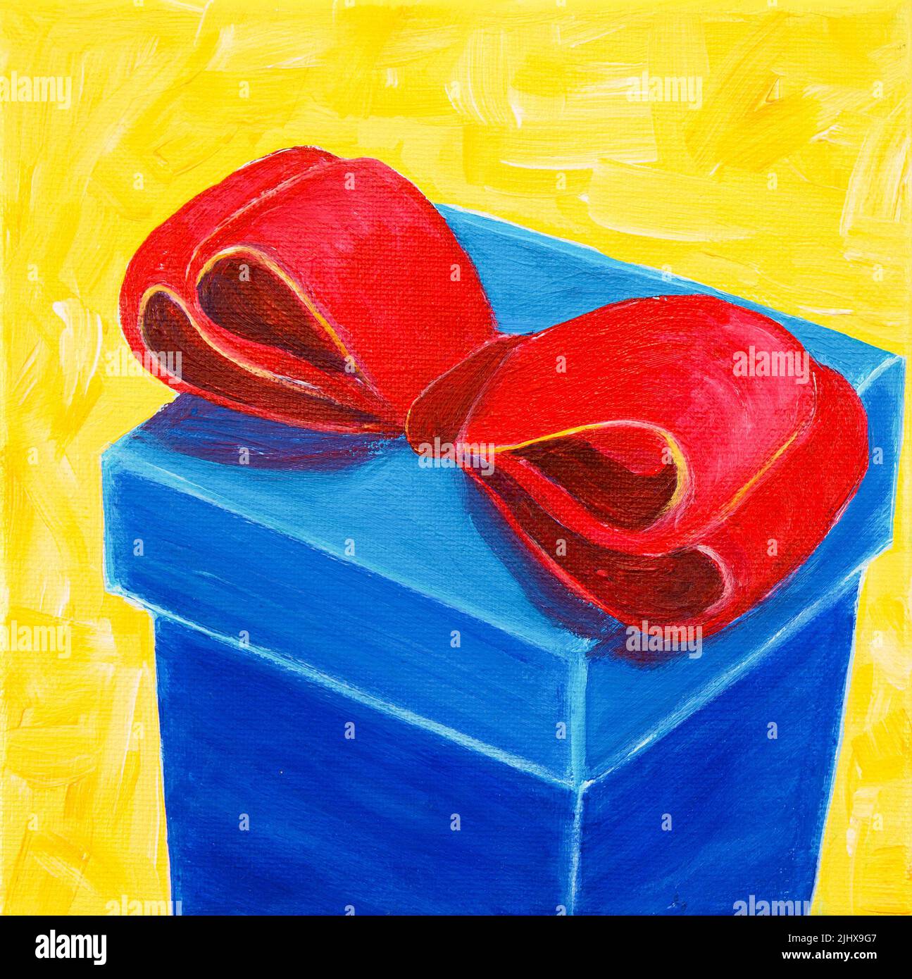 Original acrylic painting on canvas.Blue gift box with red ribbon on ...