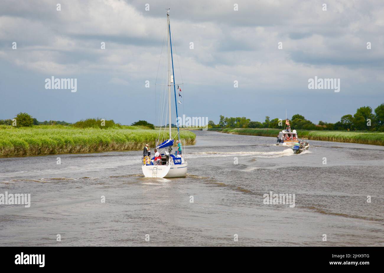 Pleasure boats leaving the harbour, Caretan, Normandy, France, Europe ...