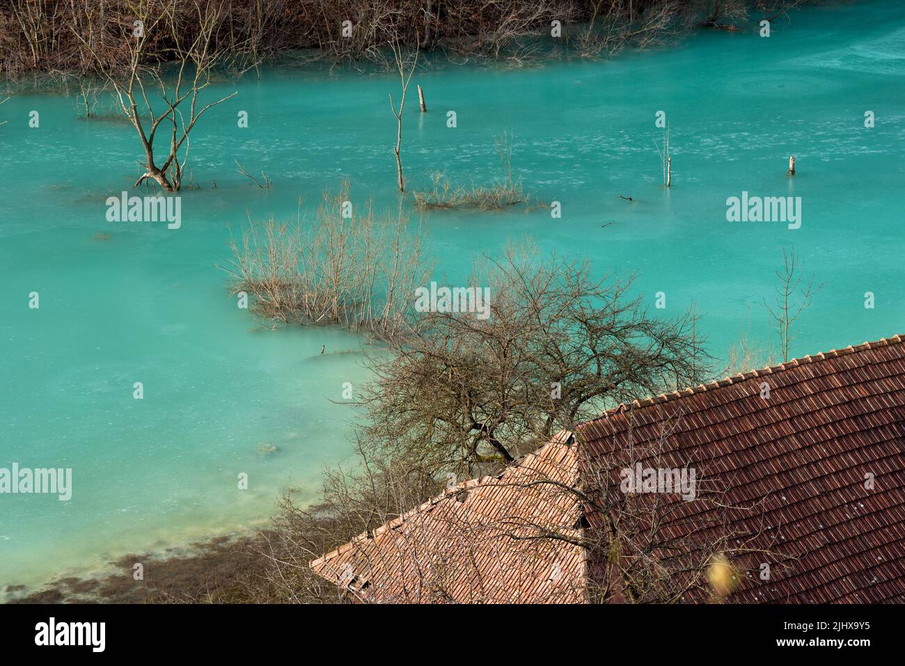 Turquoise outcrop mine inflow from a copper and gold opencast ...