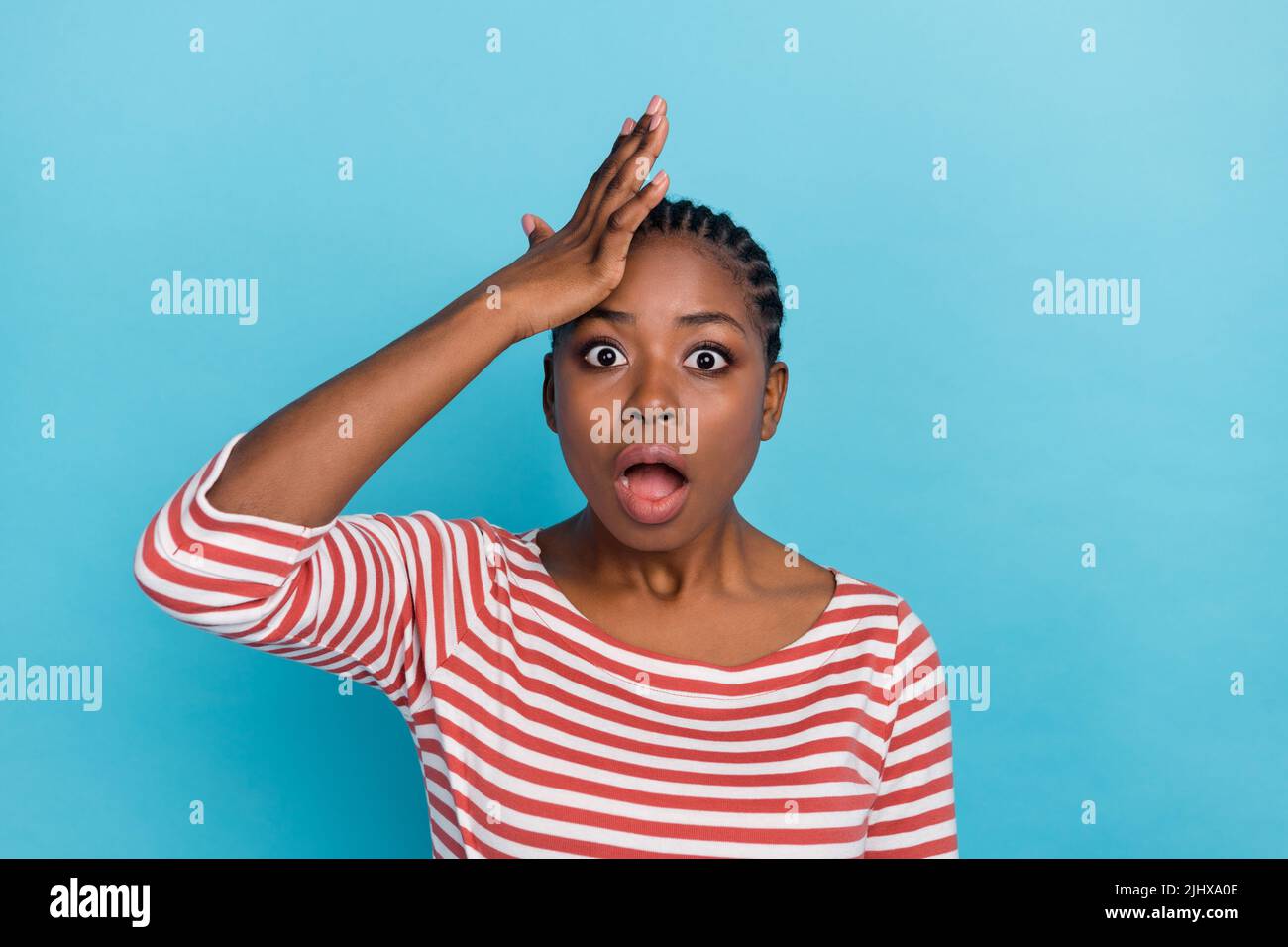 Photo of impressed person arm touch forehead forgot open mouth stare ...