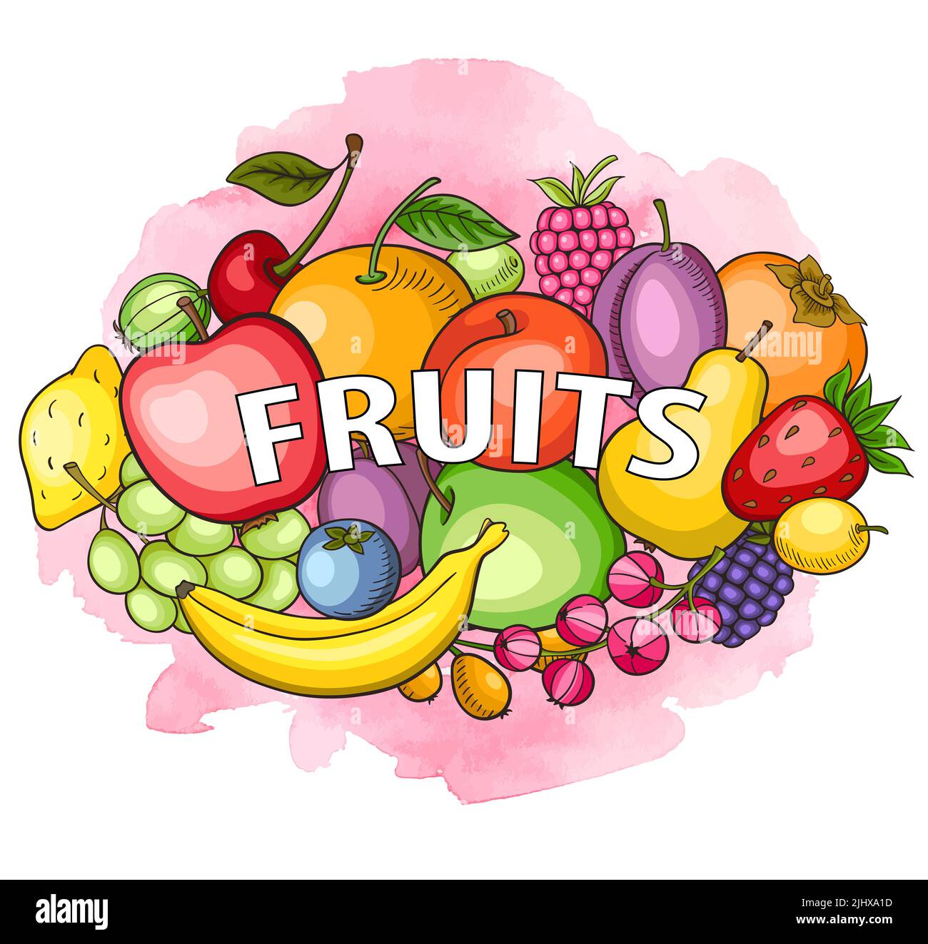 Fresh fruit on a pink watercolor background. Healthy eating and vegan ...