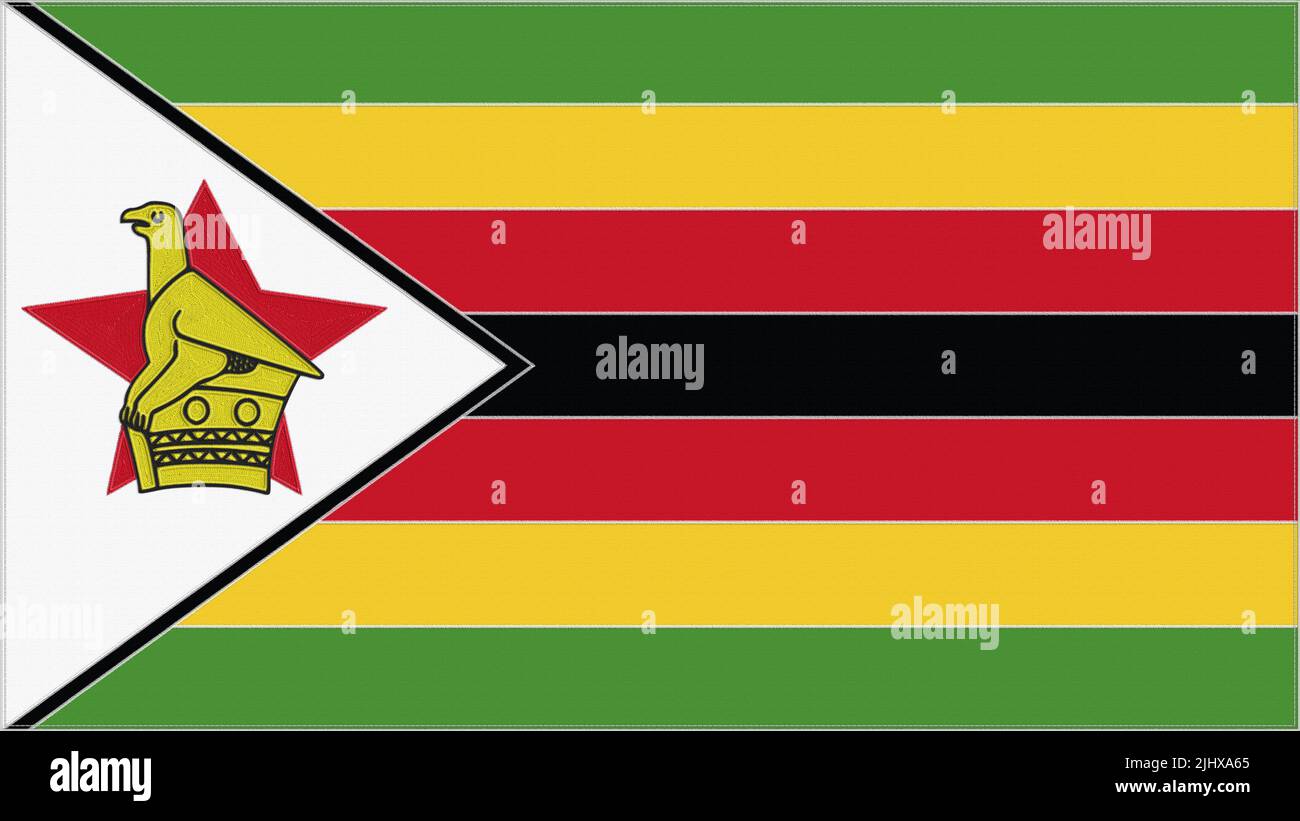 Zimbabwe embroidery flag. Emblem stitched fabric. Embroidered coat of ...