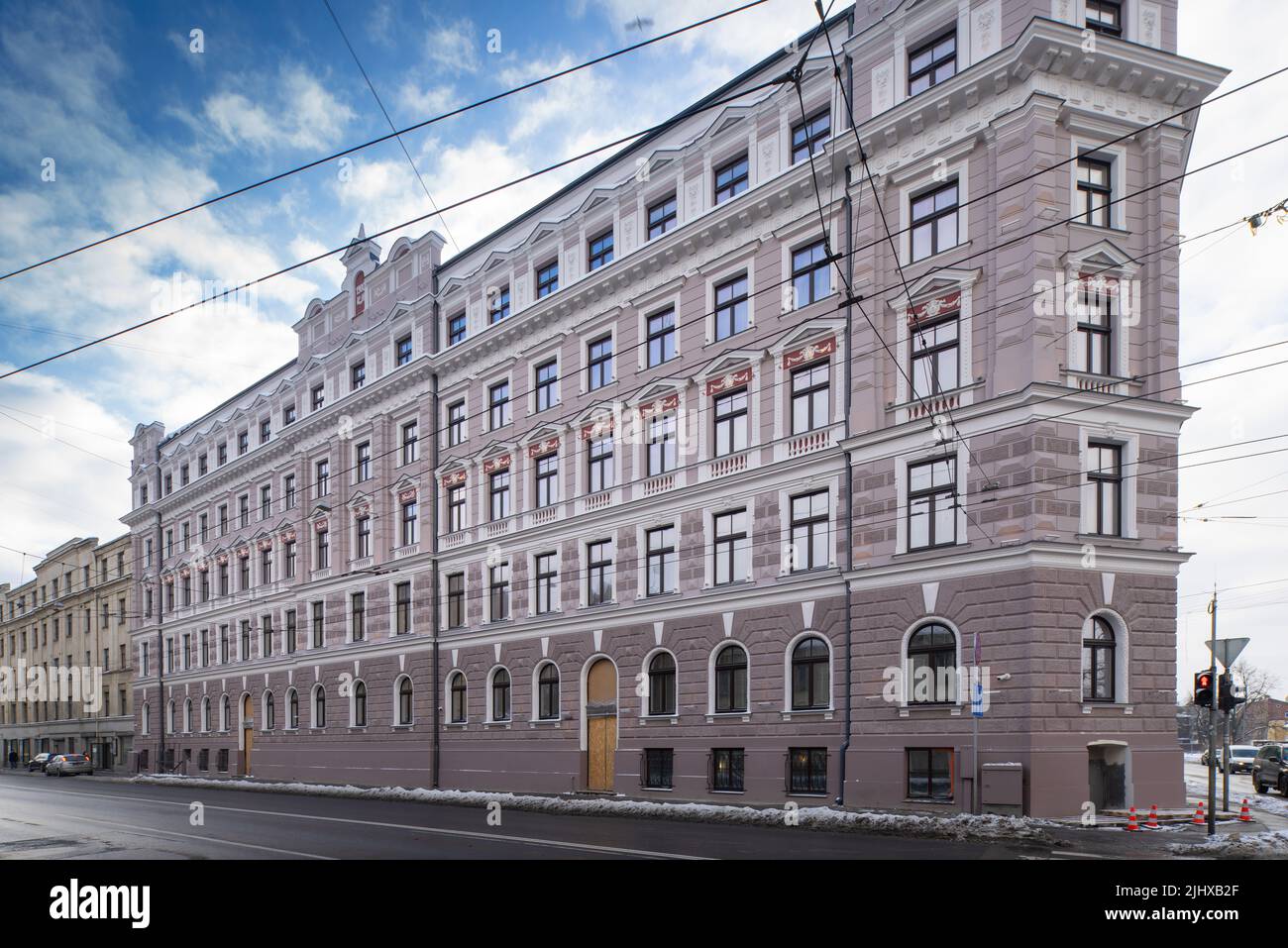 Winter cityscape of Riga. Modern architecture. Exterior of residential ...
