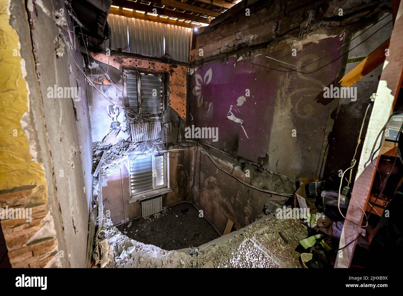 NIKOPOL, UKRAINE - JULY 20, 2022 - A residential building shows damage ...
