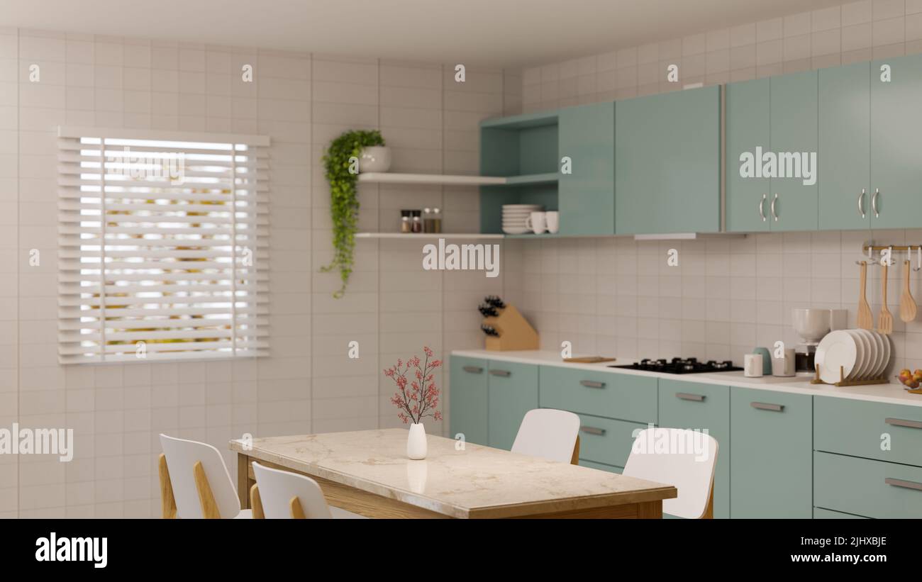 Modern minimal home kitchen interior design with white dining table ...