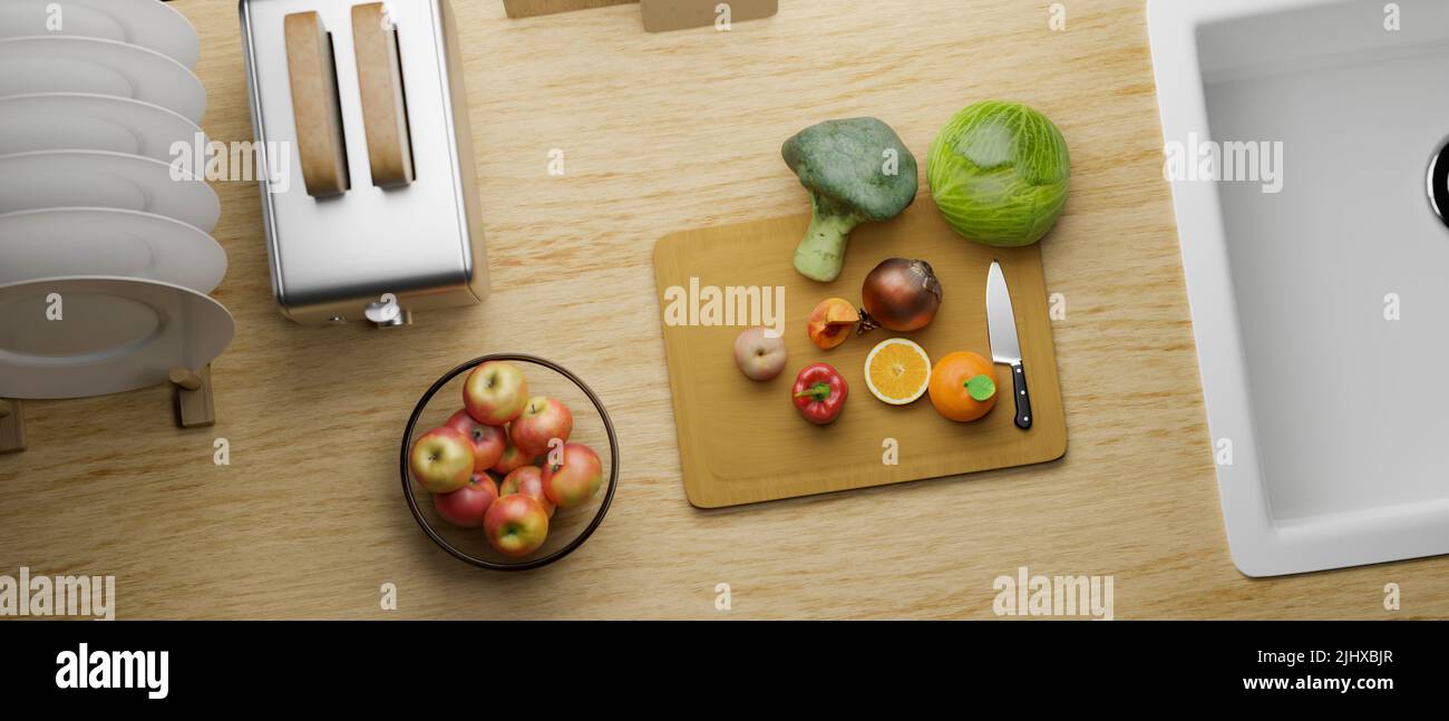 Overhead shot, A modern wood kitchen tabletop or countertop with ...