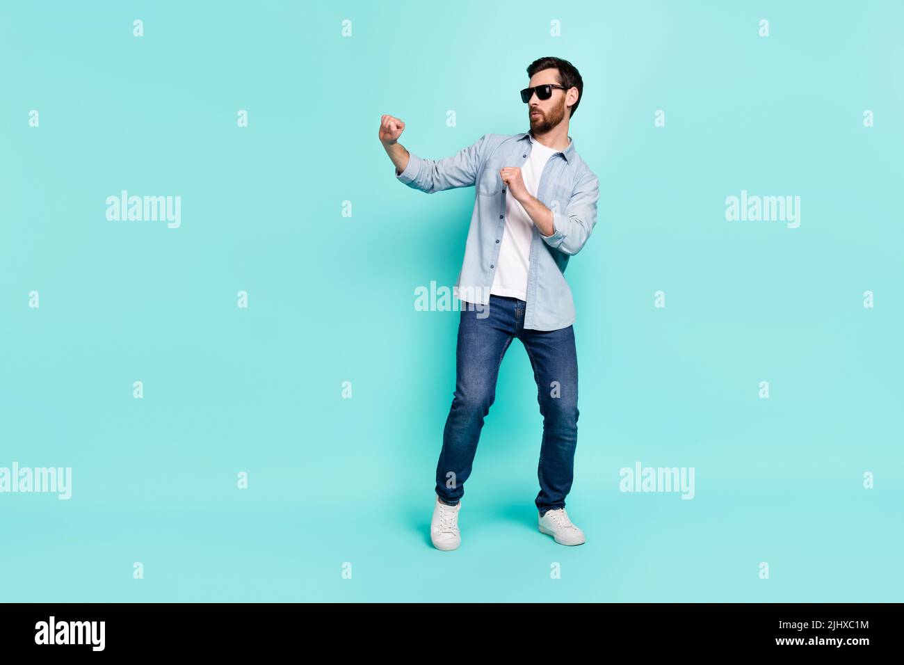 Full size portrait of satisfied carefree person dancing clubbing make ...