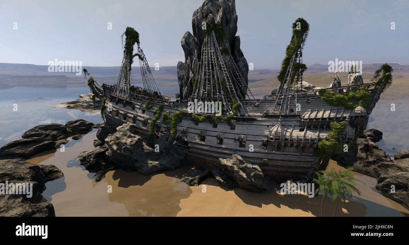 3D illustration hull of an old ship wrecked Stock Photo - Alamy