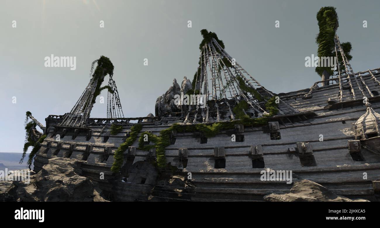 3D illustration hull of an old ship wrecked Stock Photo - Alamy