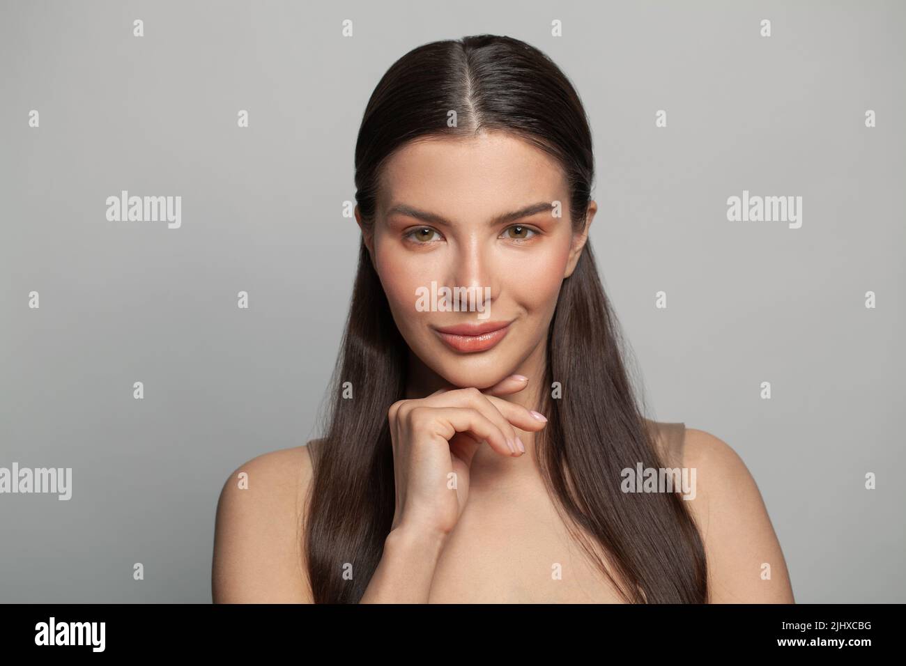 Cute young female face close up. Pretty woman with clean healthy smooth ...