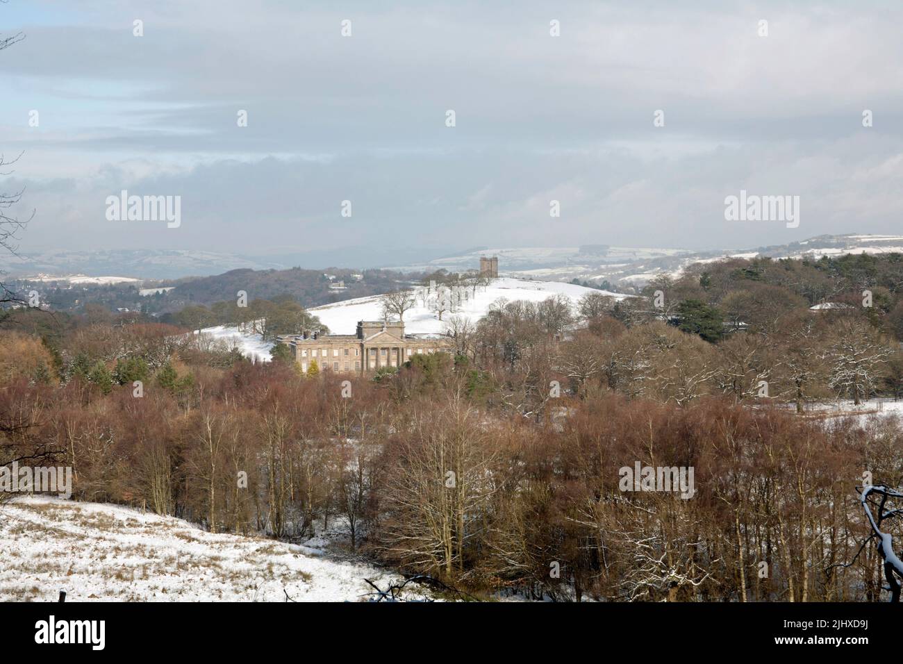 Lyme Hall and The Cage Lyme Park on a winter day viewed from Knightslow ...
