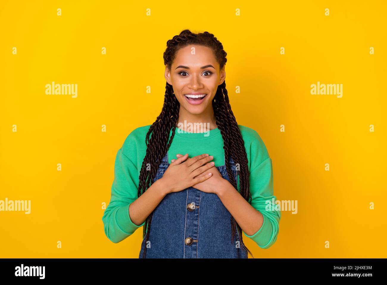 Photo of fascinated positive person arms touch chest unexpected ...