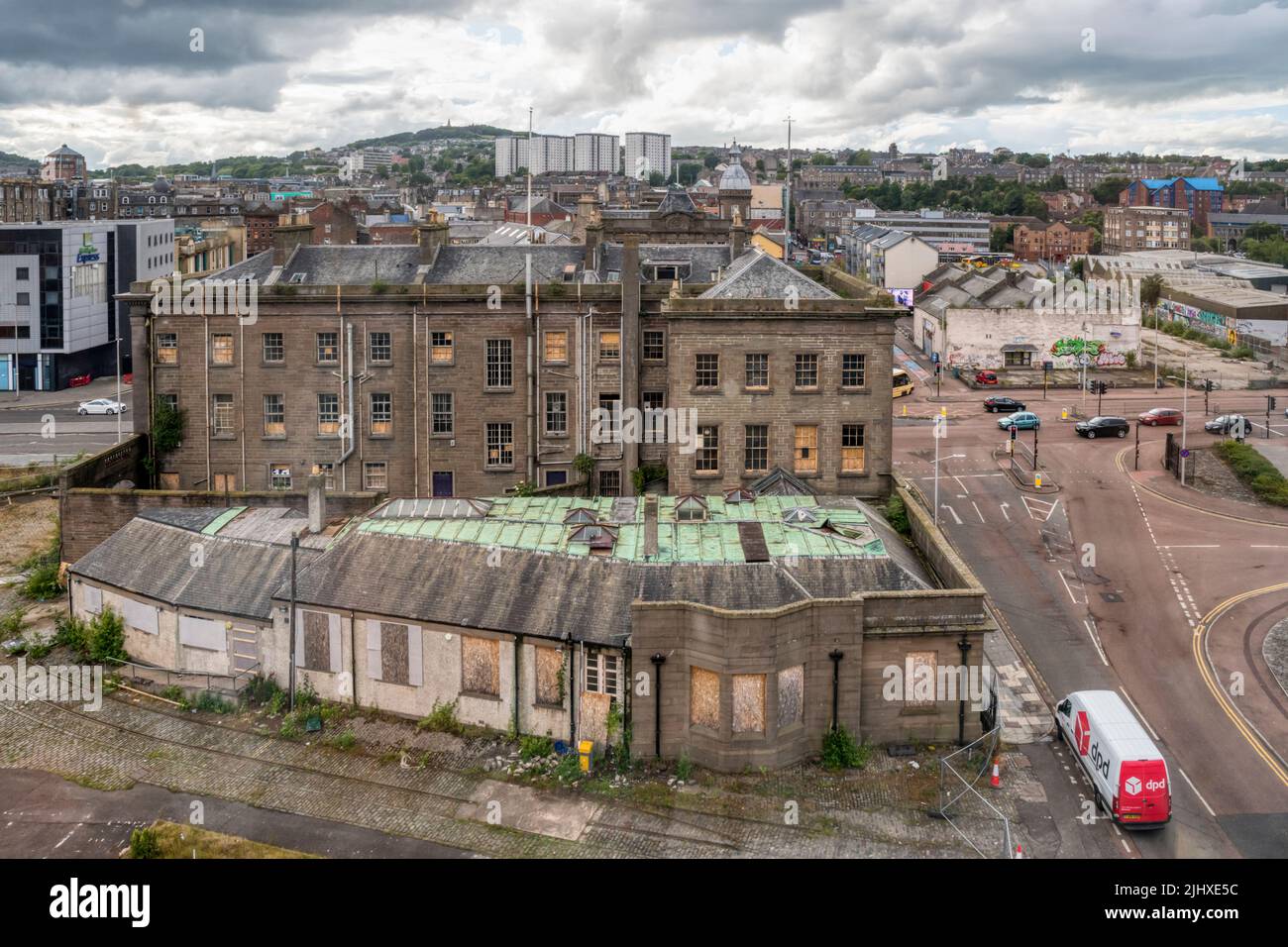 Elevated view of Dundee skyline - back of Custom House in foreground ...