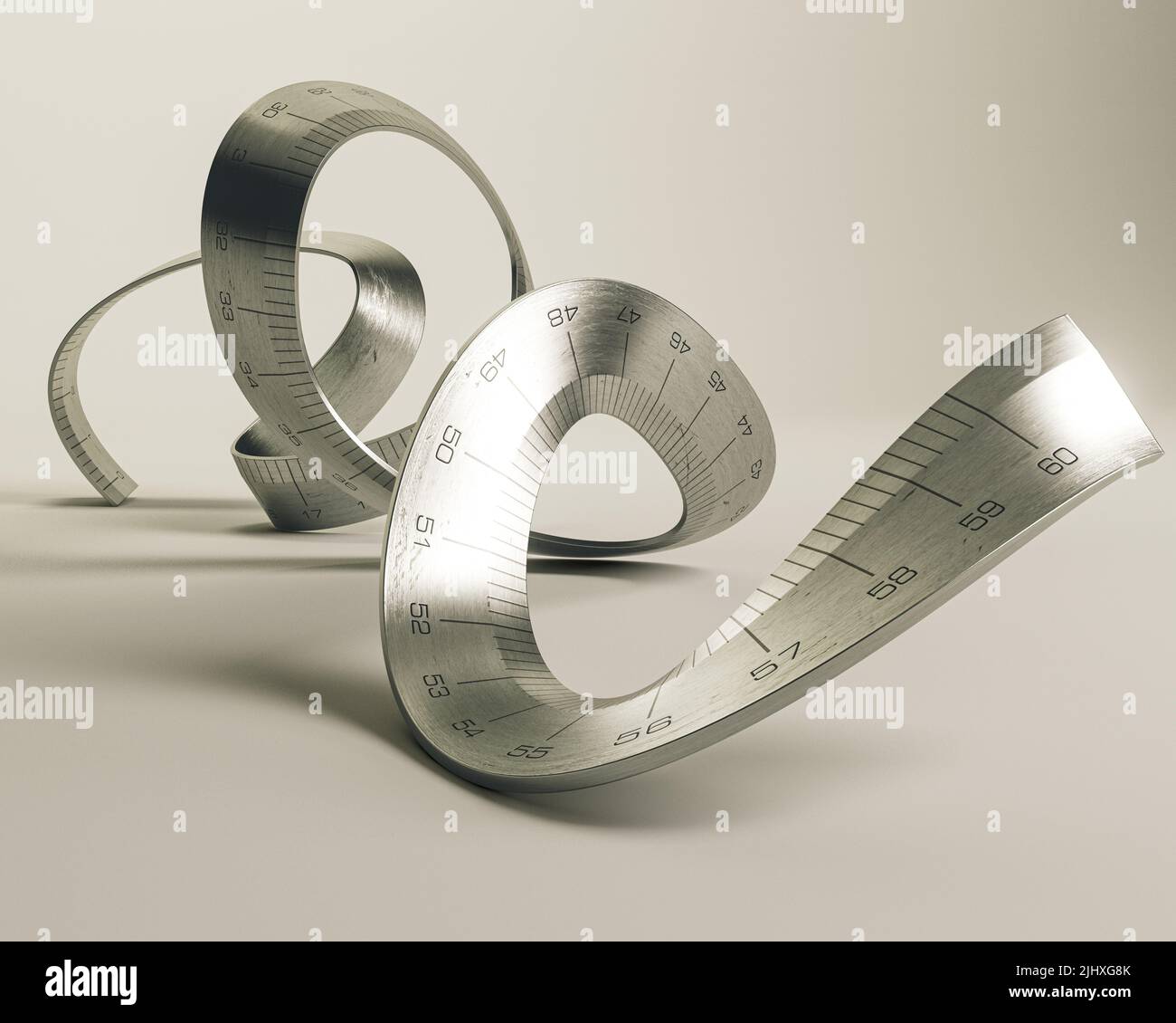 An surreal concept of a curled and twisted up industrial steel ruler ...