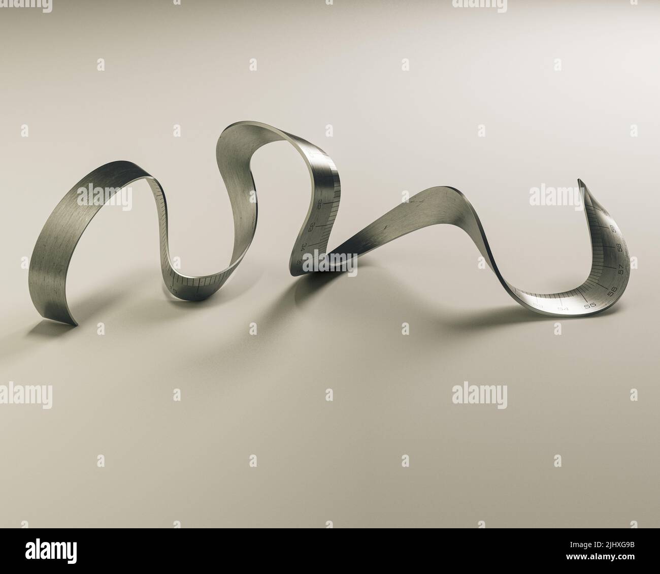 An surreal concept of a curled and twisted up industrial steel ruler ...