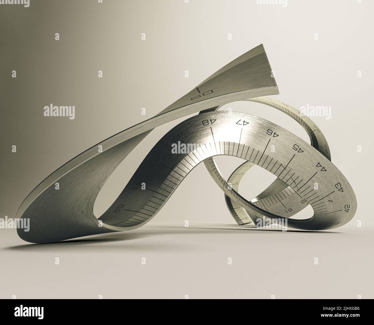An surreal concept of a curled and twisted up industrial steel ruler ...
