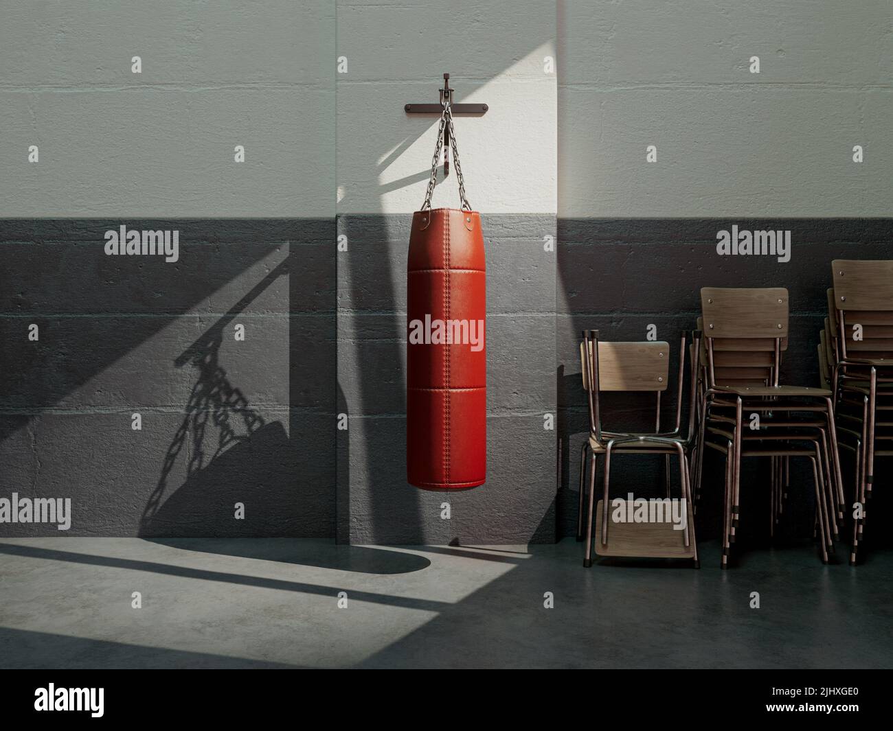 A red leather punching bag mounted on a wall in a room with stacked ...