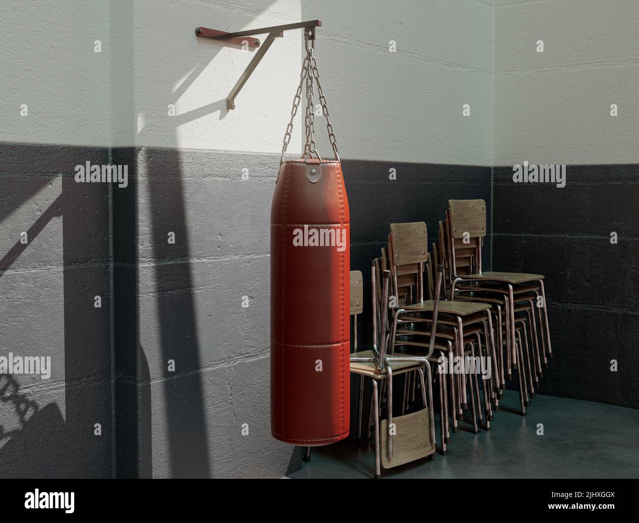 A red leather punching bag mounted on a wall in a room with stacked ...