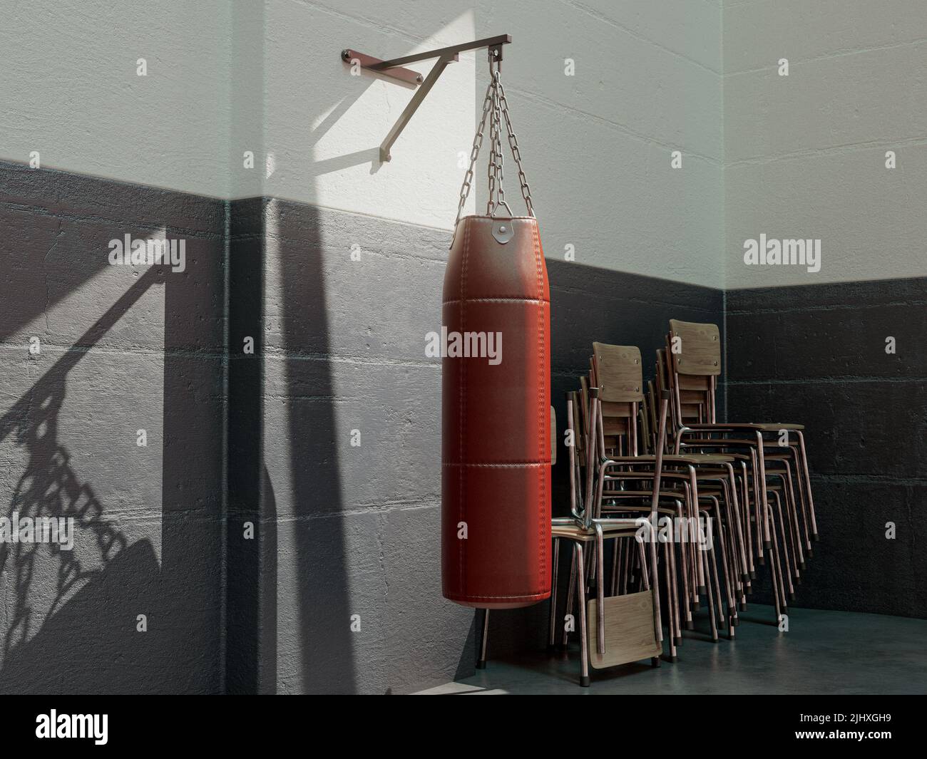 A red leather punching bag mounted on a wall in a room with stacked ...