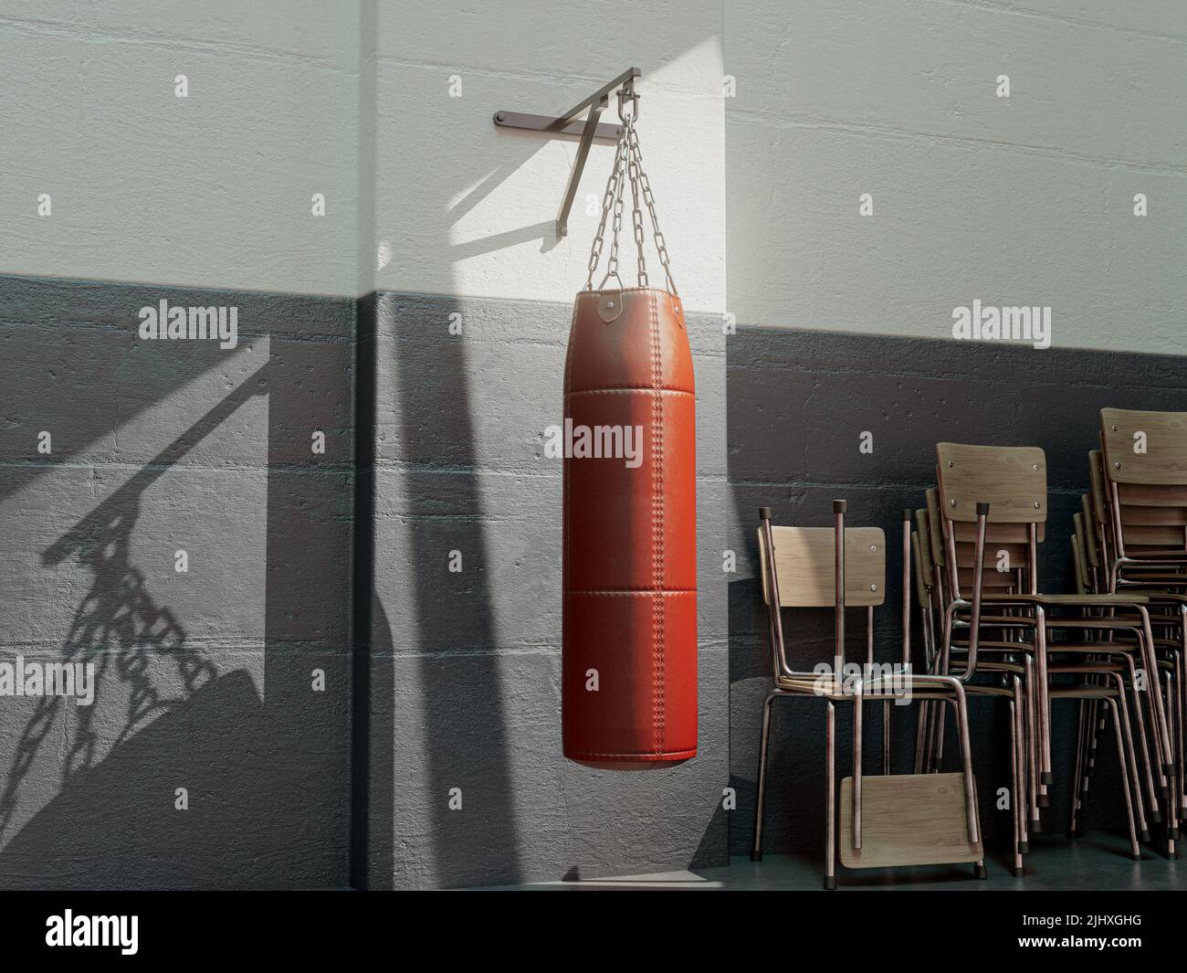 A red leather punching bag mounted on a wall in a room with stacked ...
