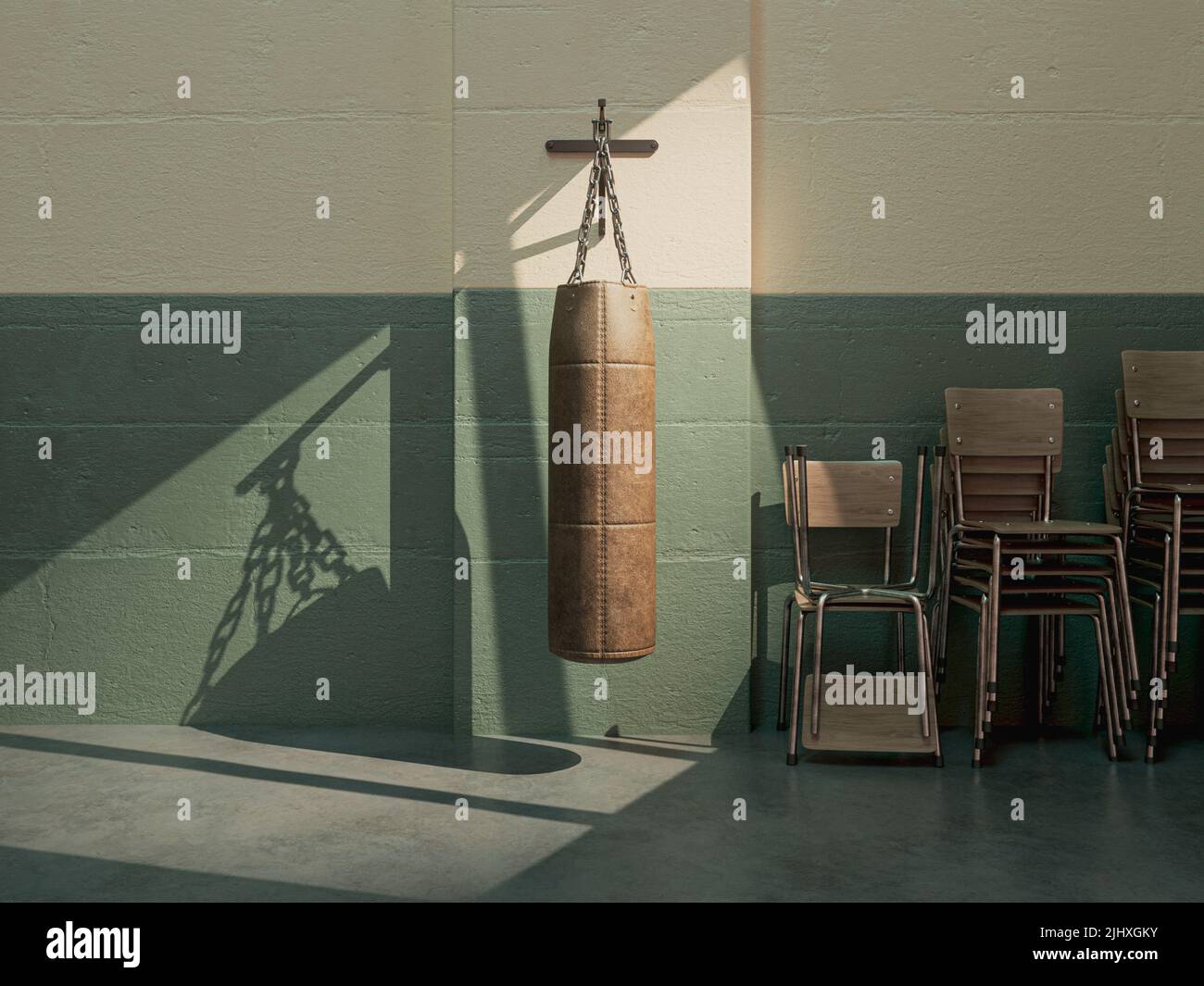 A old vintage leather punching bag mounted on a green wall in a room ...