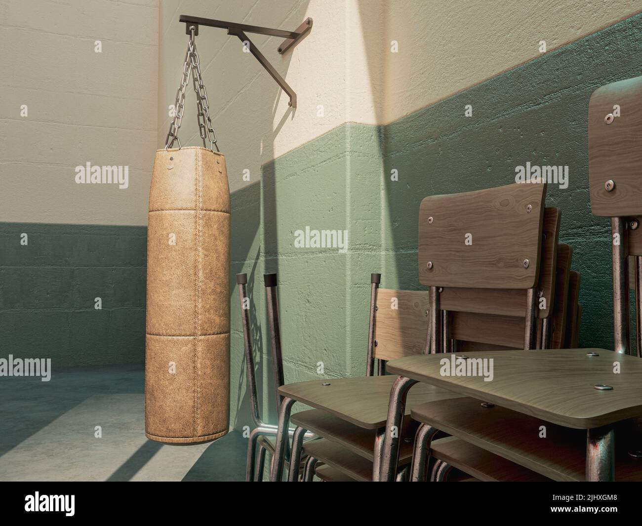 A old vintage leather punching bag mounted on a green wall in a room ...