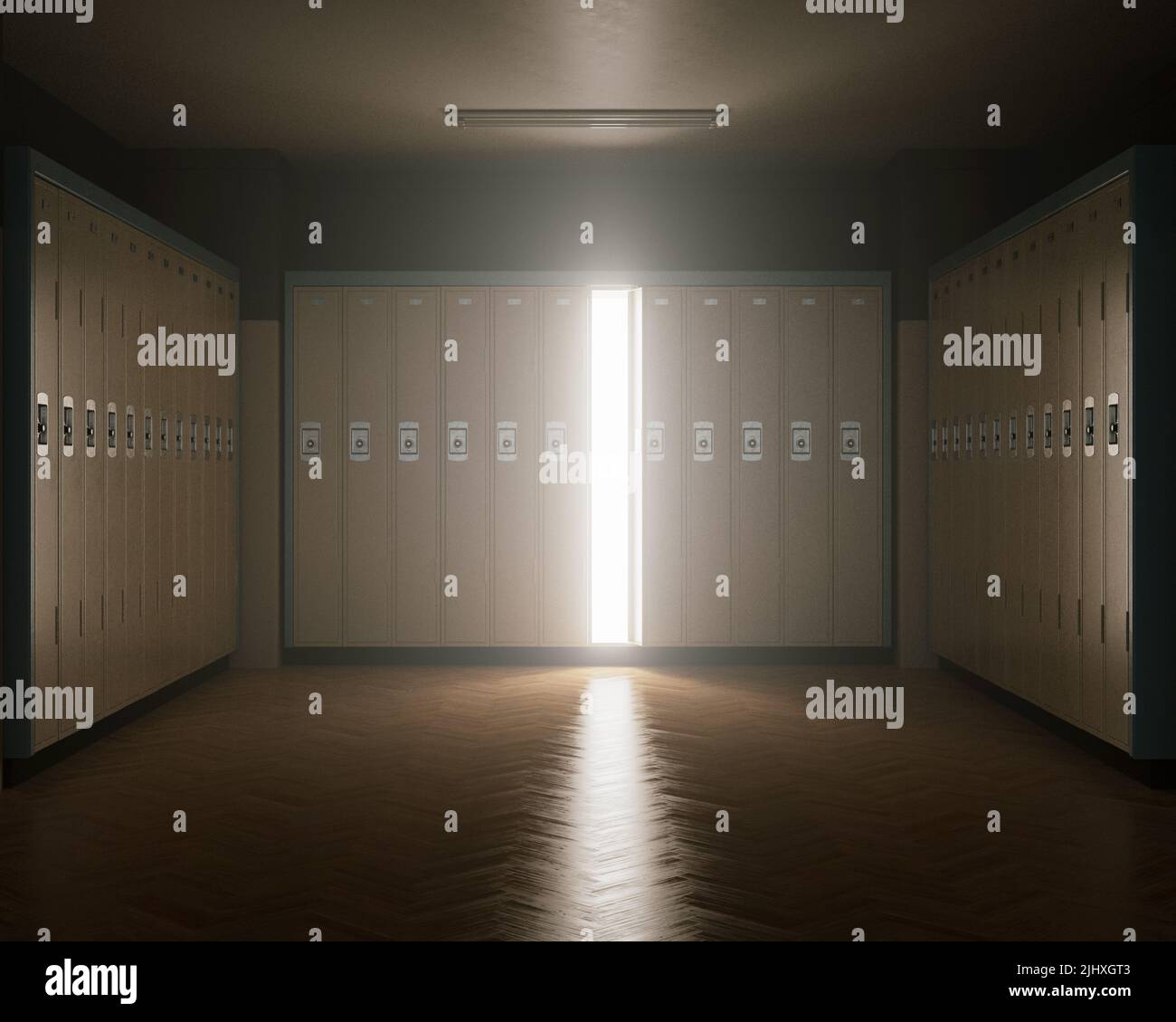 Light illuminating out of an open locker in a dimly lit locker room ...