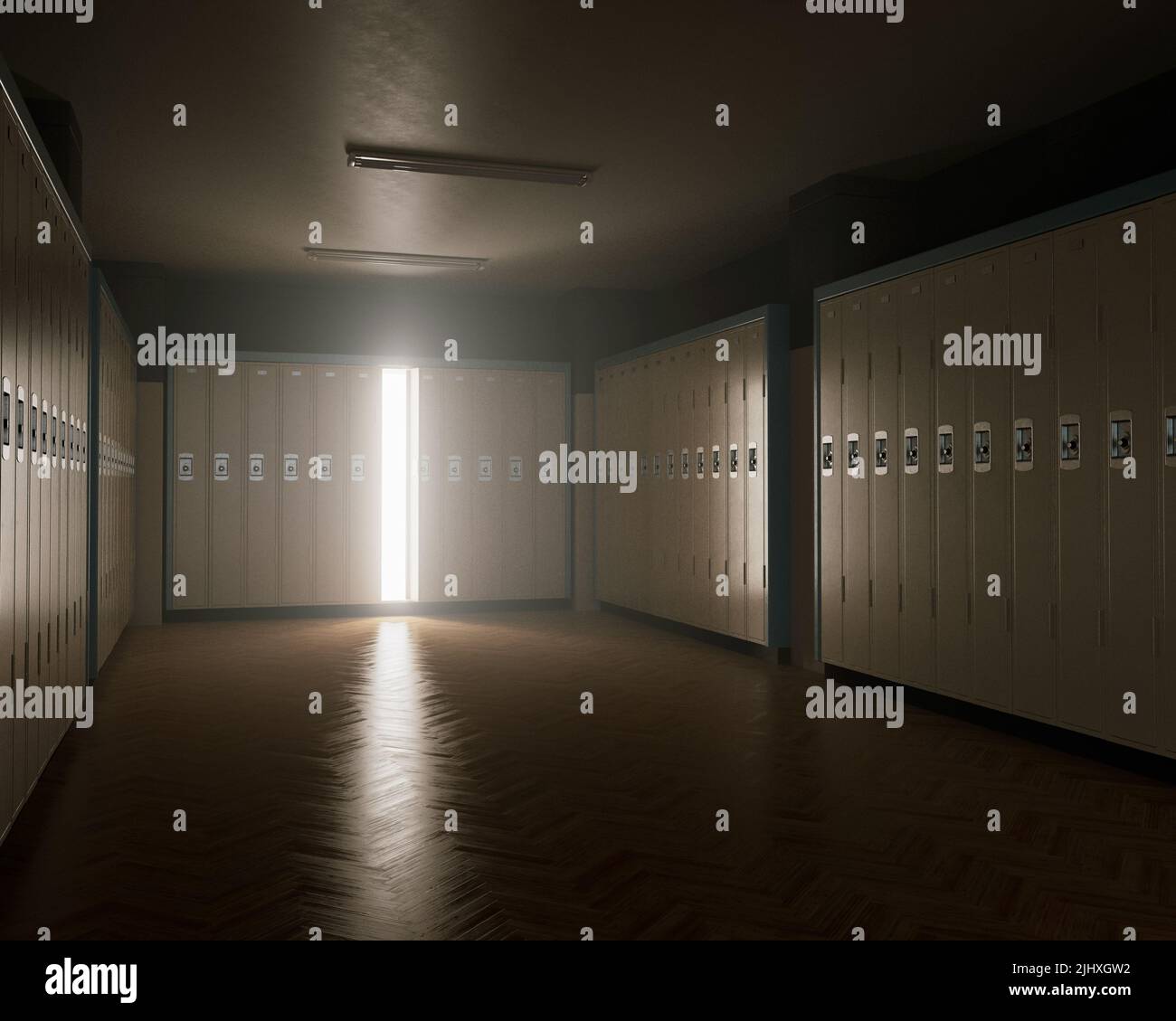 Light illuminating out of an open locker in a dimly lit locker room ...