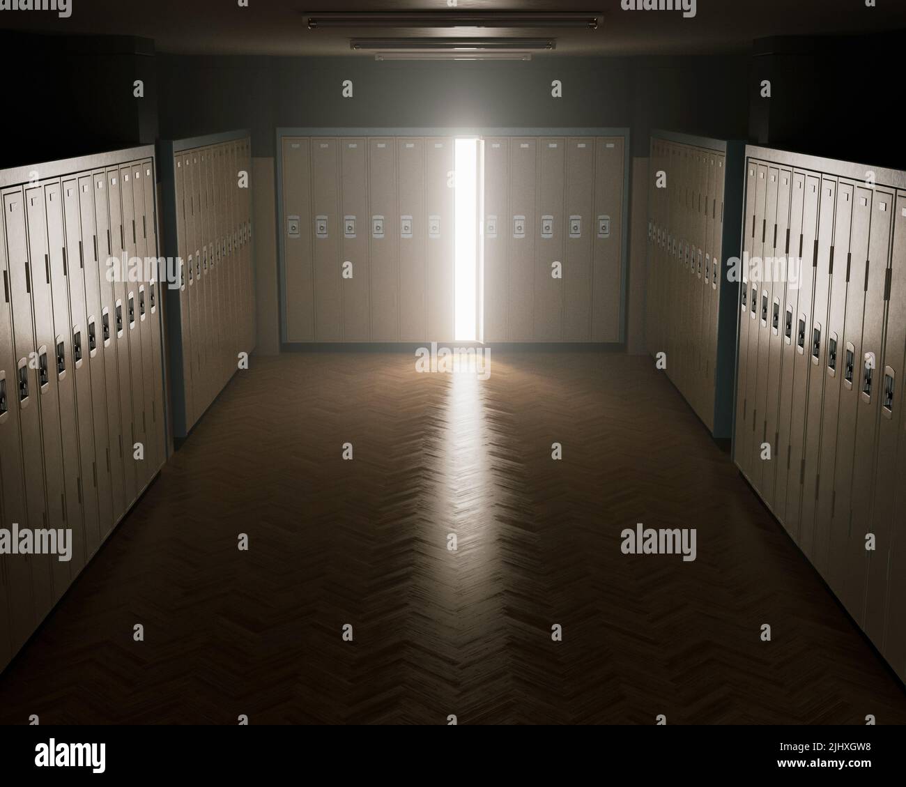 Light illuminating out of an open locker in a dimly lit locker room ...