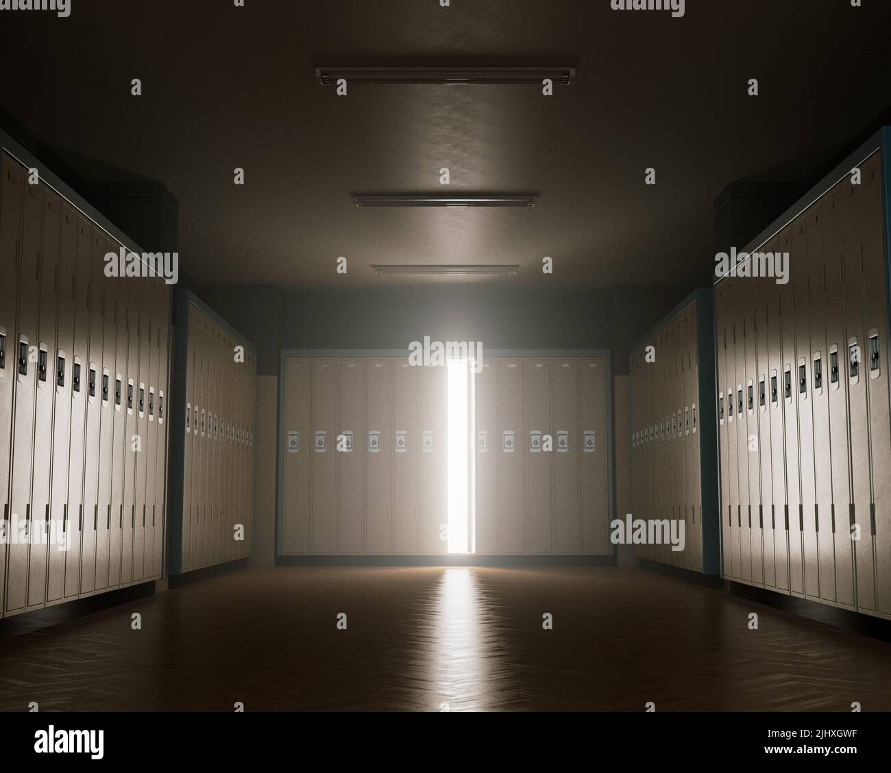 Light illuminating out of an open locker in a dimly lit locker room ...