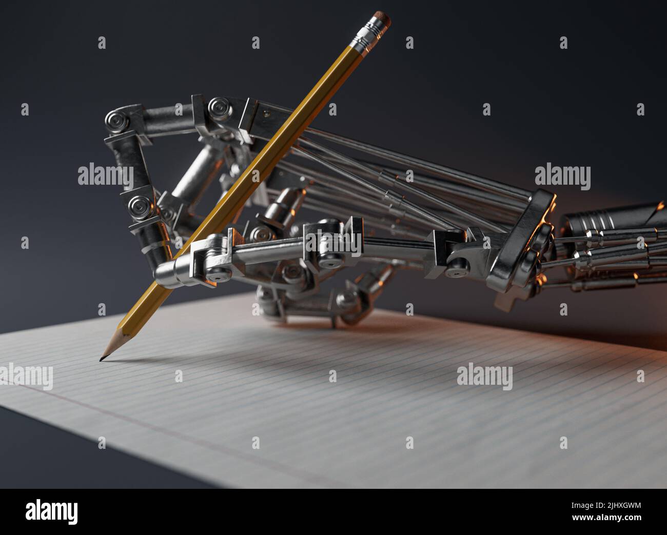 A mechanical robotic metal hand drawing or writing with a pencil on a ...