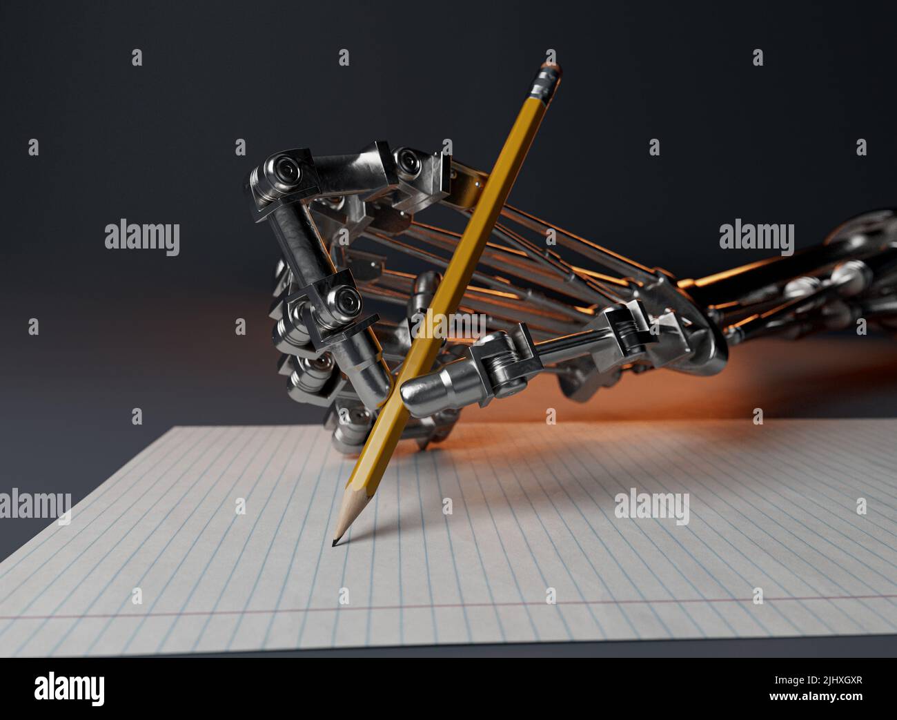 A mechanical robotic metal hand drawing or writing with a pencil on a ...
