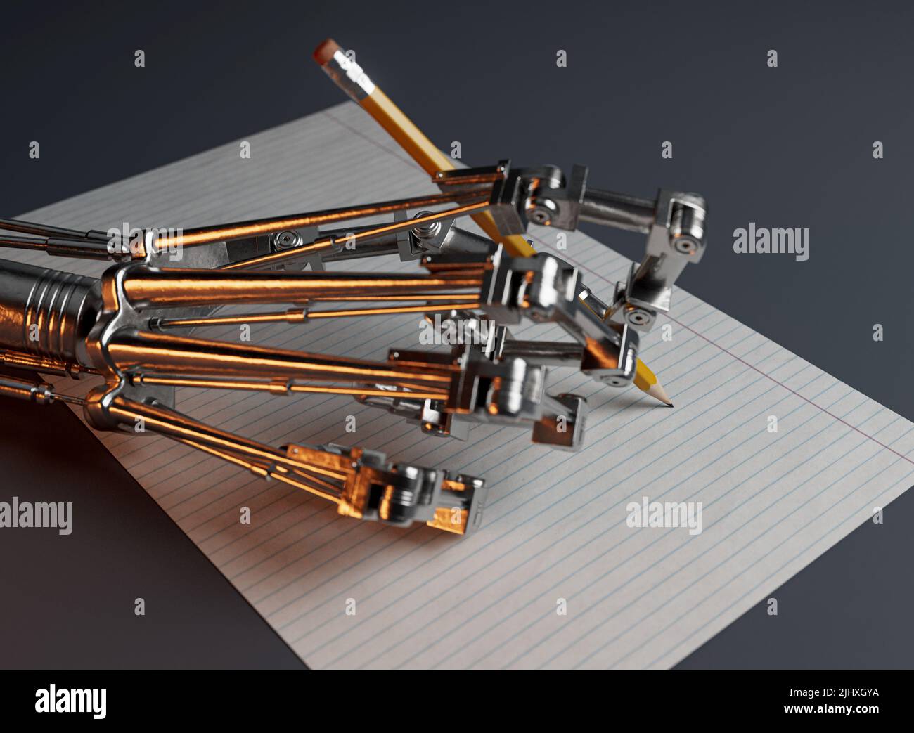 A mechanical robotic metal hand drawing or writing with a pencil on a ...