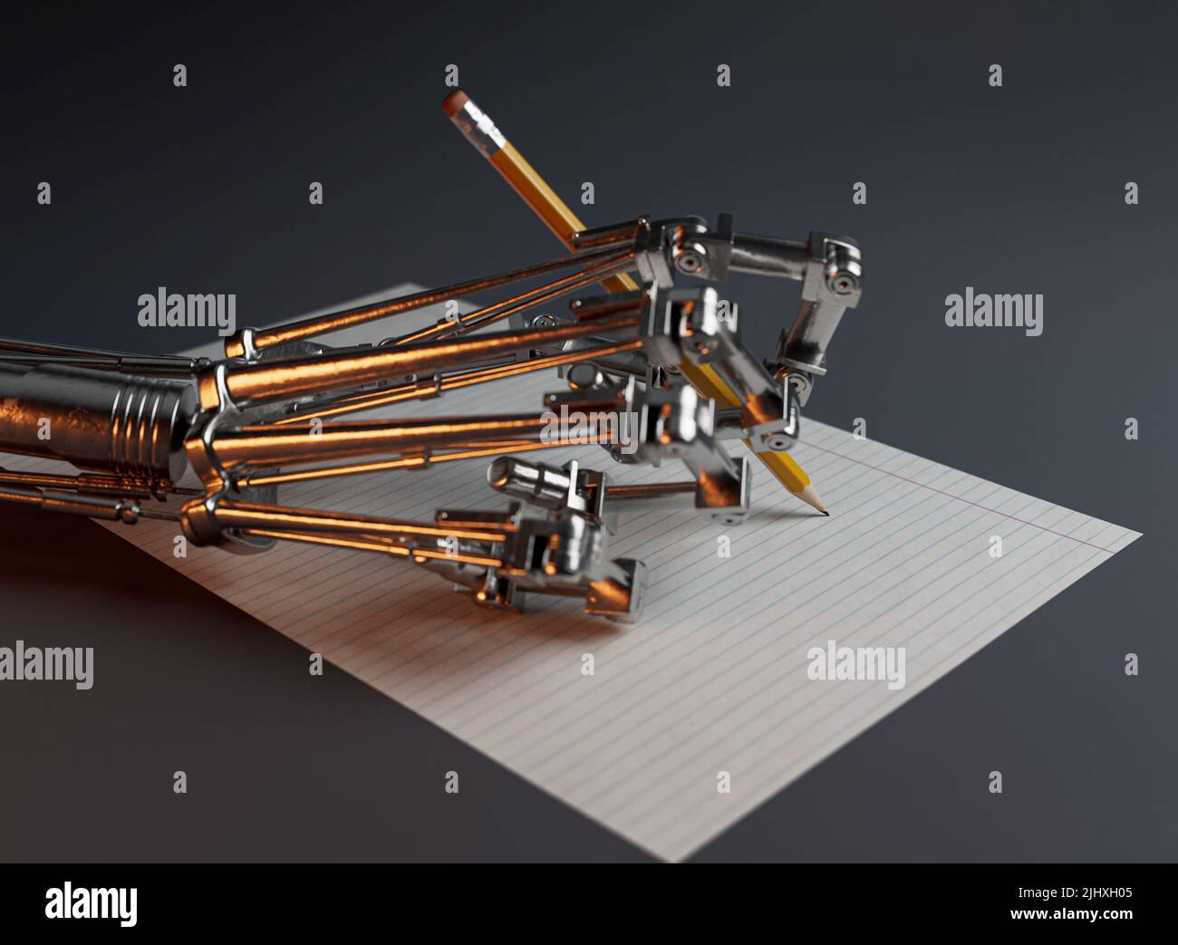 A mechanical robotic metal hand drawing or writing with a pencil on a ...