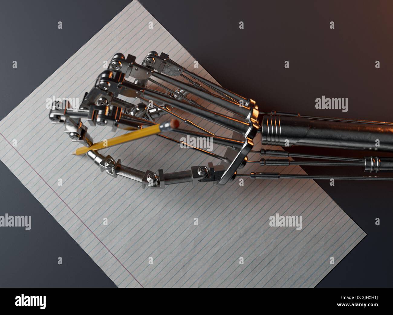 A mechanical robotic metal hand drawing or writing with a pencil on a ...