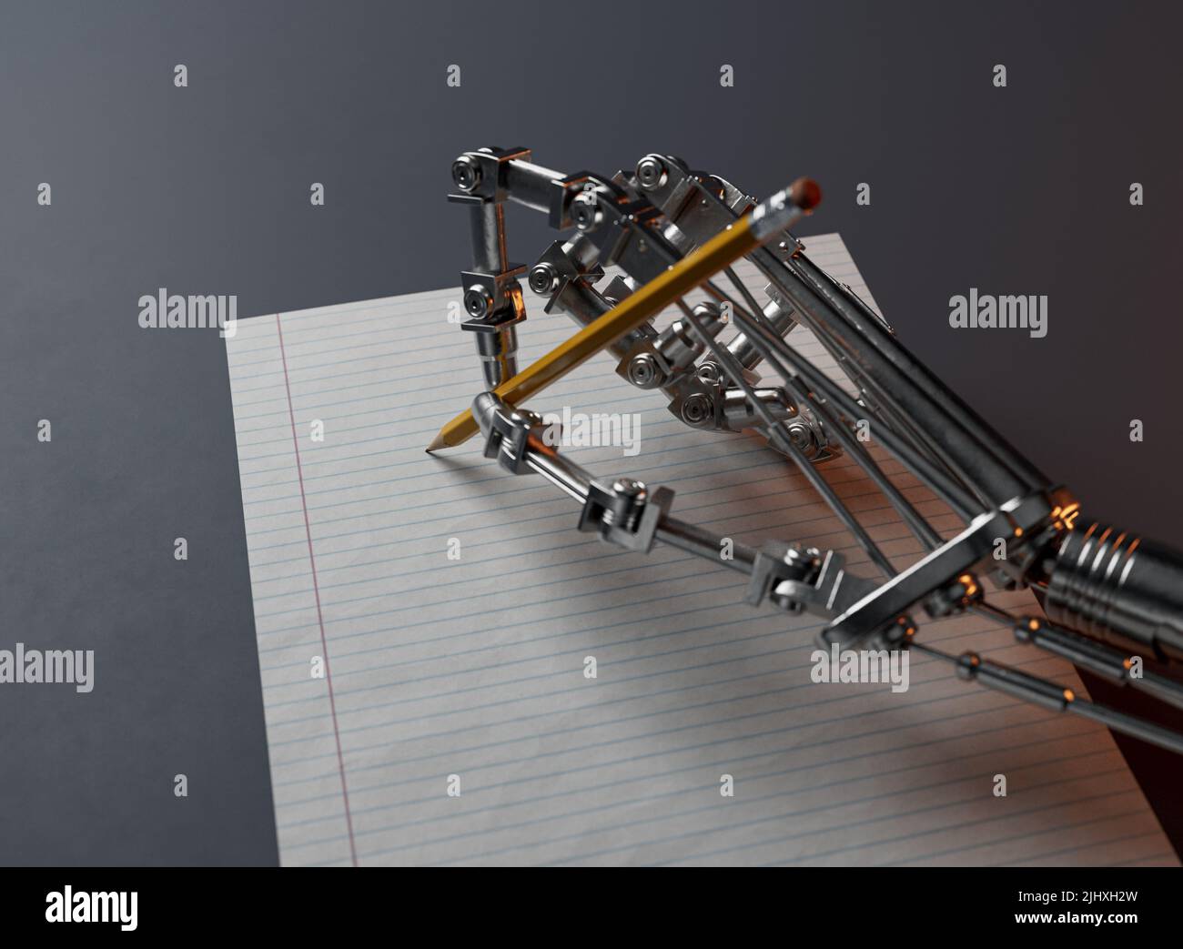 A mechanical robotic metal hand drawing or writing with a pencil on a ...